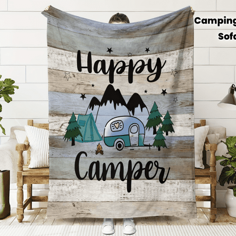 Cozy Camper Flannel Blanket – Soft Warm Polyester Fleece with Happy ...