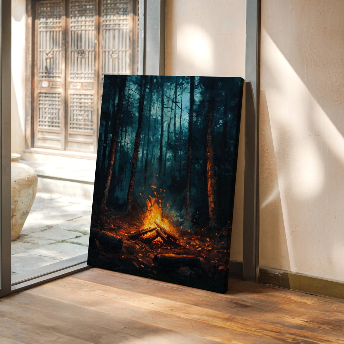 Cozy Campfire Forest Print – Moody Night Wilderness Art, Rustic ...