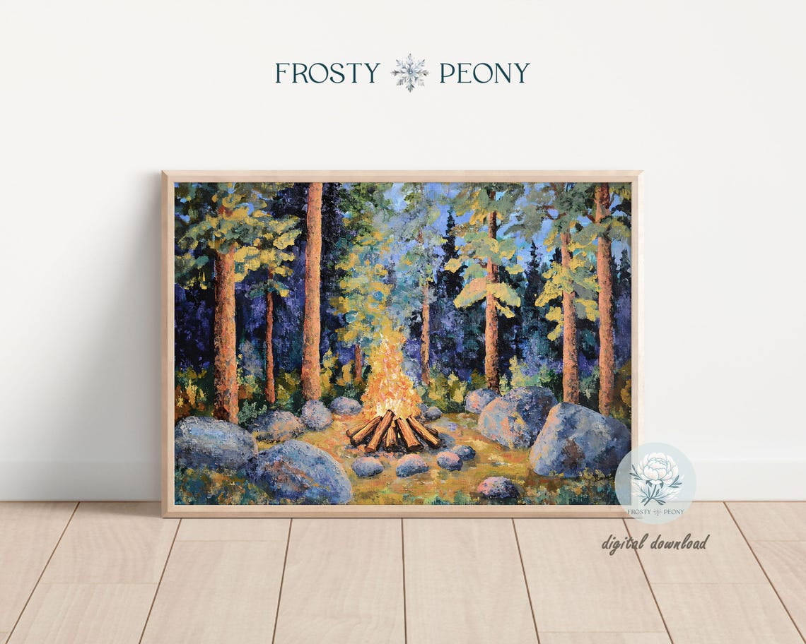 Cozy Campfire In The Woods Art Print, Tranquil Nature Wall Art, Forest ...