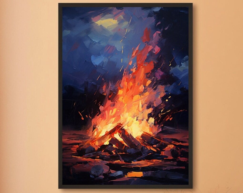 Cozy Campfire Painting Bold Tones Room Decor Wall Art Nature Inspired ...