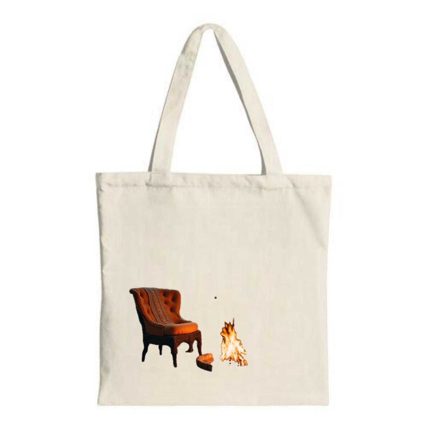 Cozy Canvas Tote Bag with Brown Armchair & Vibrant Fire Illustration ...