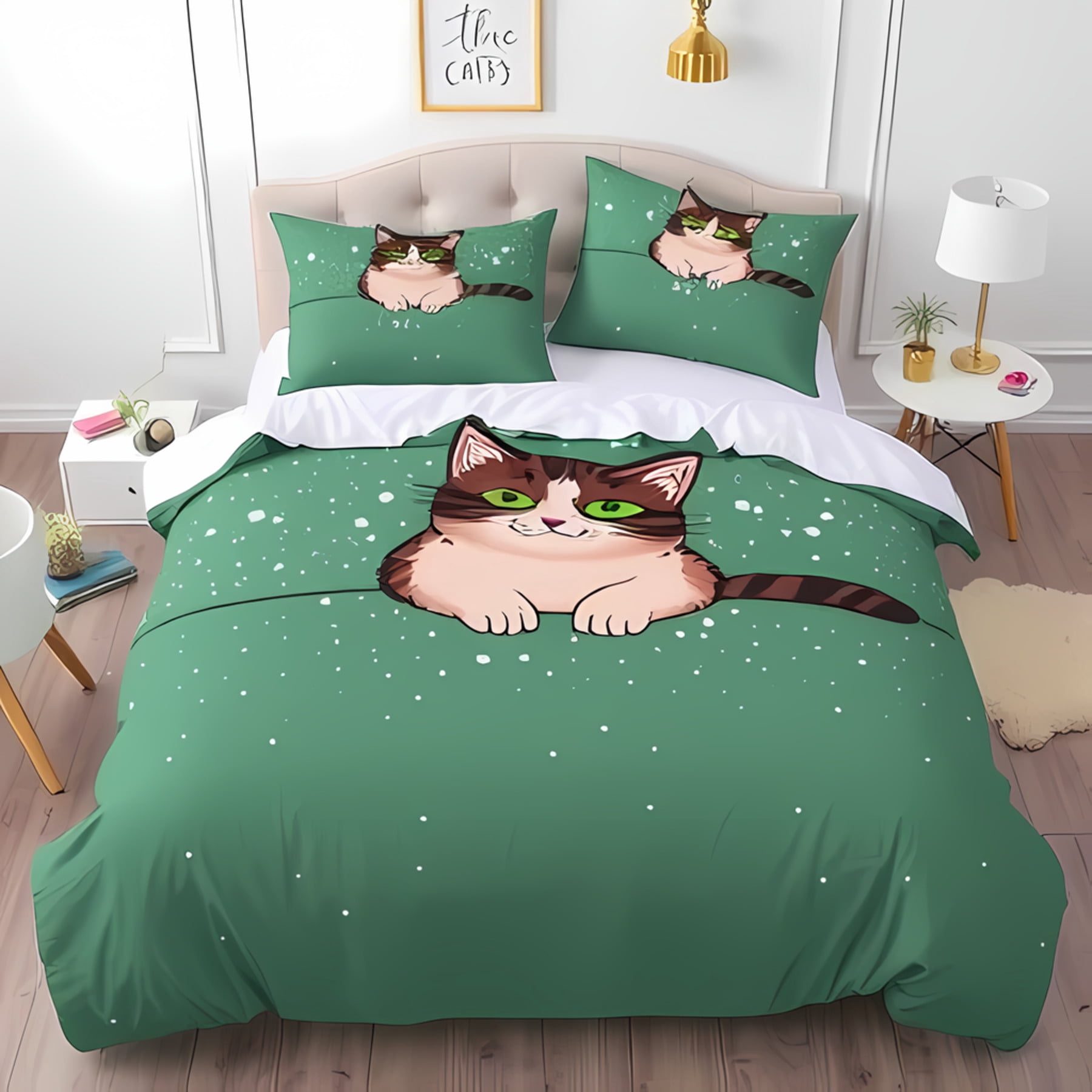 Cozy Cartoon Cat Bedding Set Green Comforter & Pillowcases with Playful ...