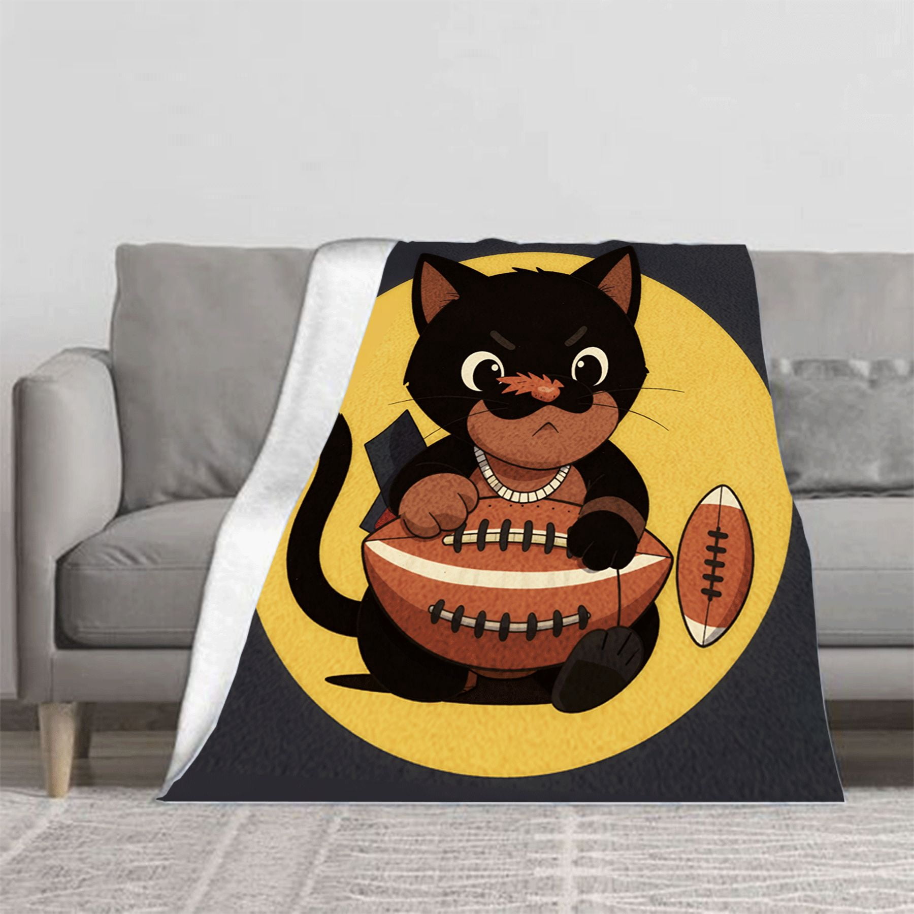 Cozy Cartoon Cat Football Player Flannel Blanket - Soft Warm Perfect ...