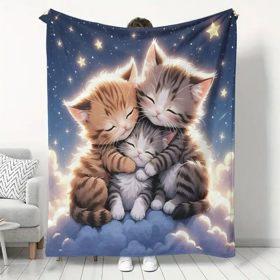 Cozy Cartoon Cats Flannel Blanket - Lightweight All-Season Sofa Throw ...