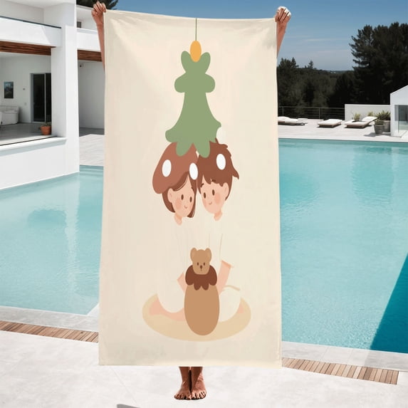 Cozy Cartoon Characters Beach Towel - Soft Beige Background Fun Design ...