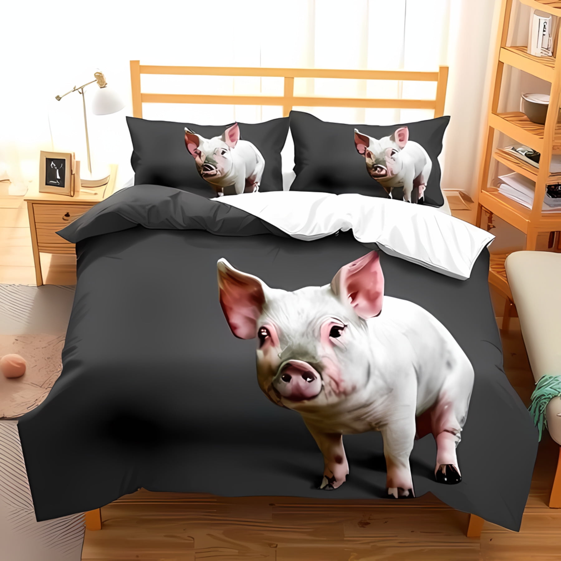 Cozy Cartoon Pig Bedding Set Dark Gray Comforter & Matching Pillowcases ...