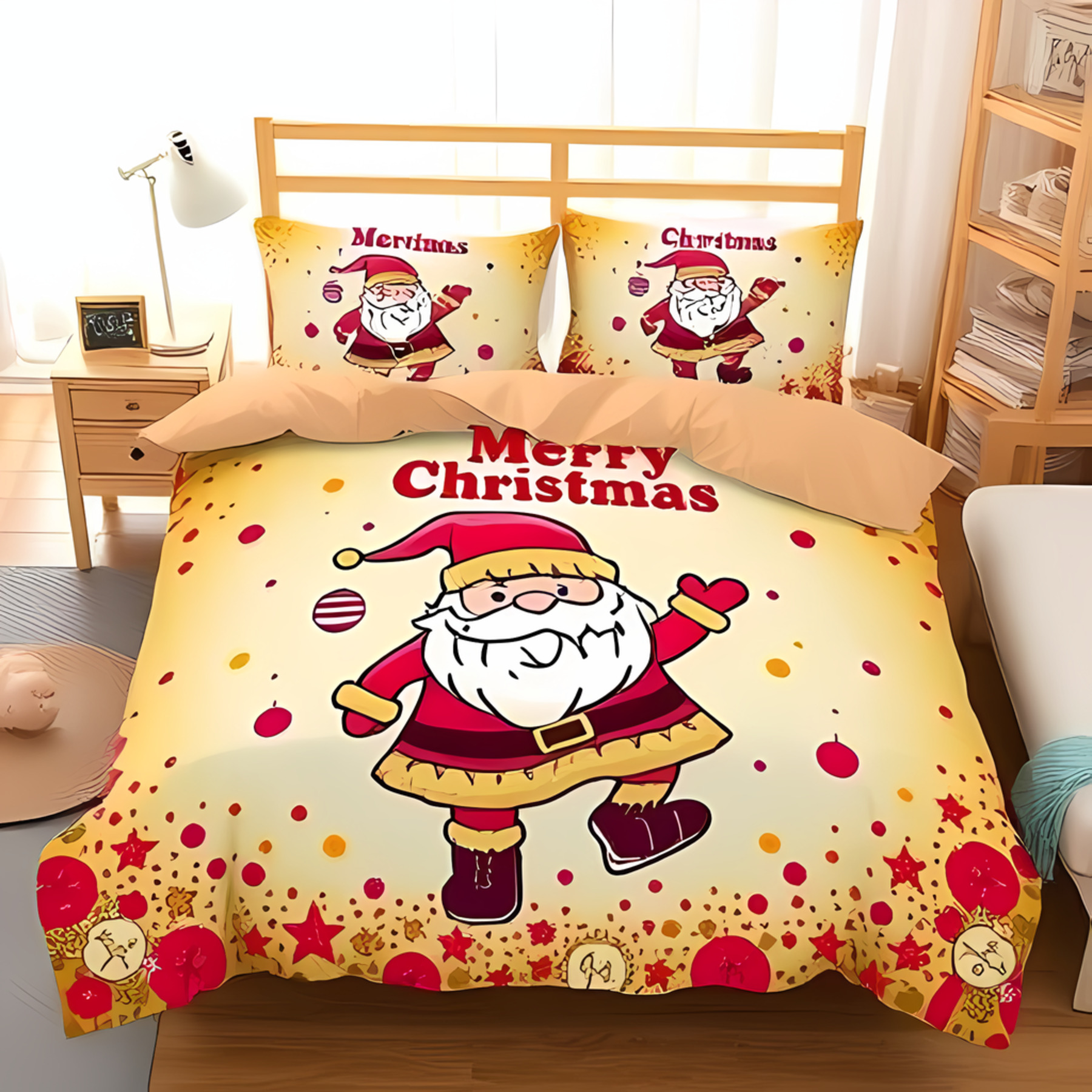 Cozy Cartoon Santa Claus Bedding Set with Festive Red and Gold Accents ...