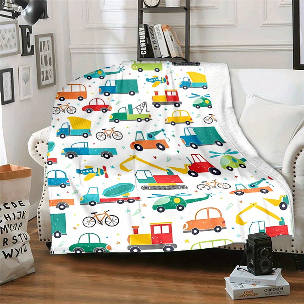Cozy Cartoon Transportation-Themed Flannel Throw Blanket - Soft ...