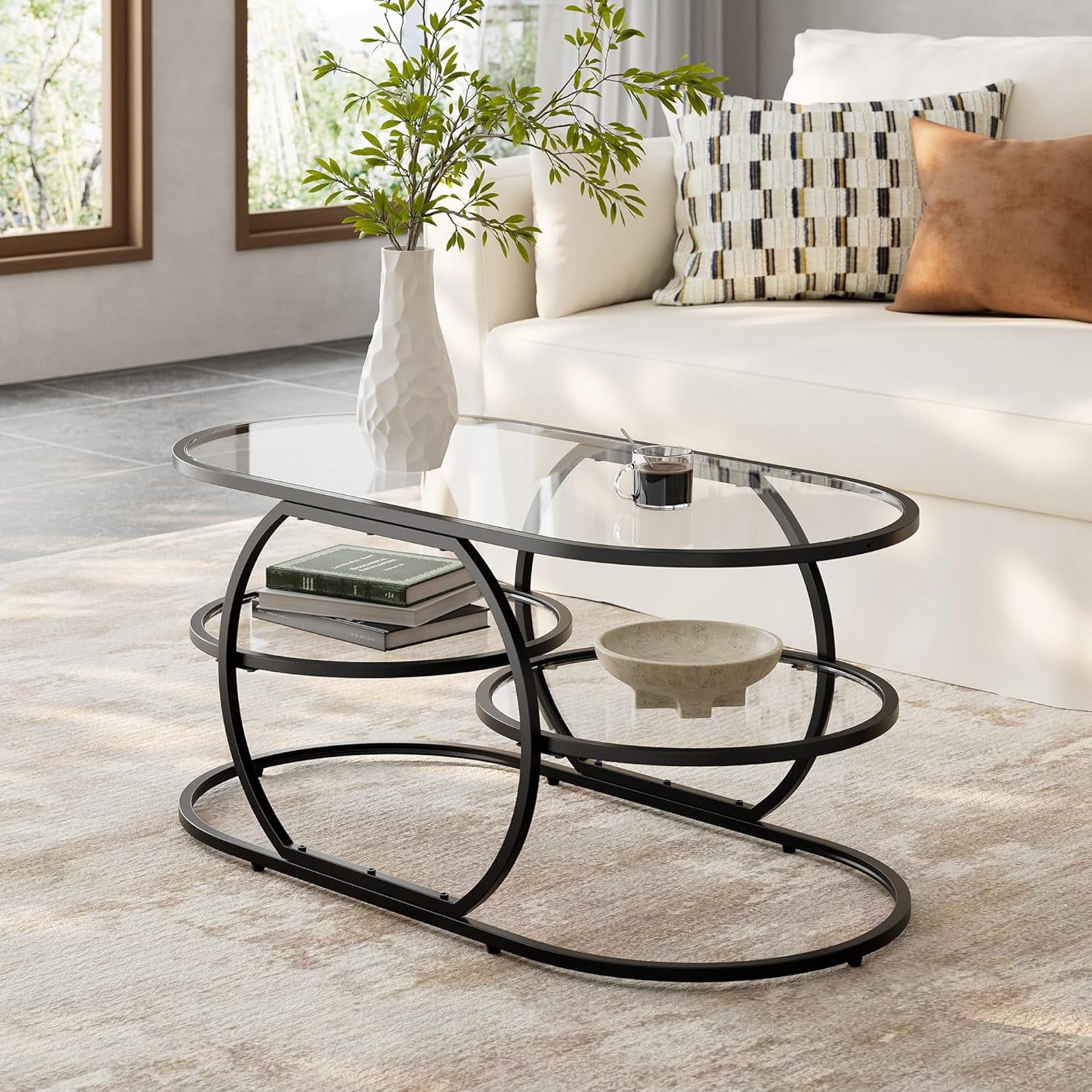 Cozy Castle 40" Glass Coffee Table with Metal Frame, Storage Living ...