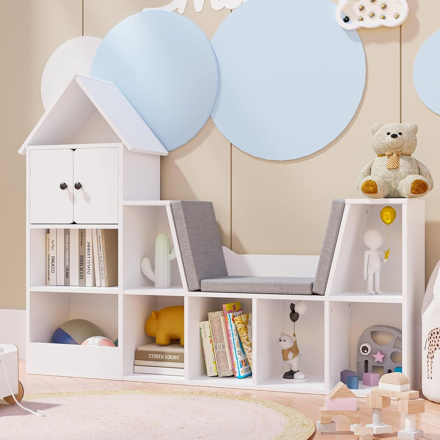 Cozy Castle 56.9" Wooden Kids Bookshelf with Reading Nook, Kids ...