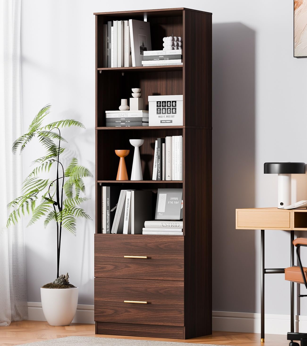 Cozy Castle 74.1'' Bookshelf,Tall Bookcase with Drawers, 4-Tier Open ...