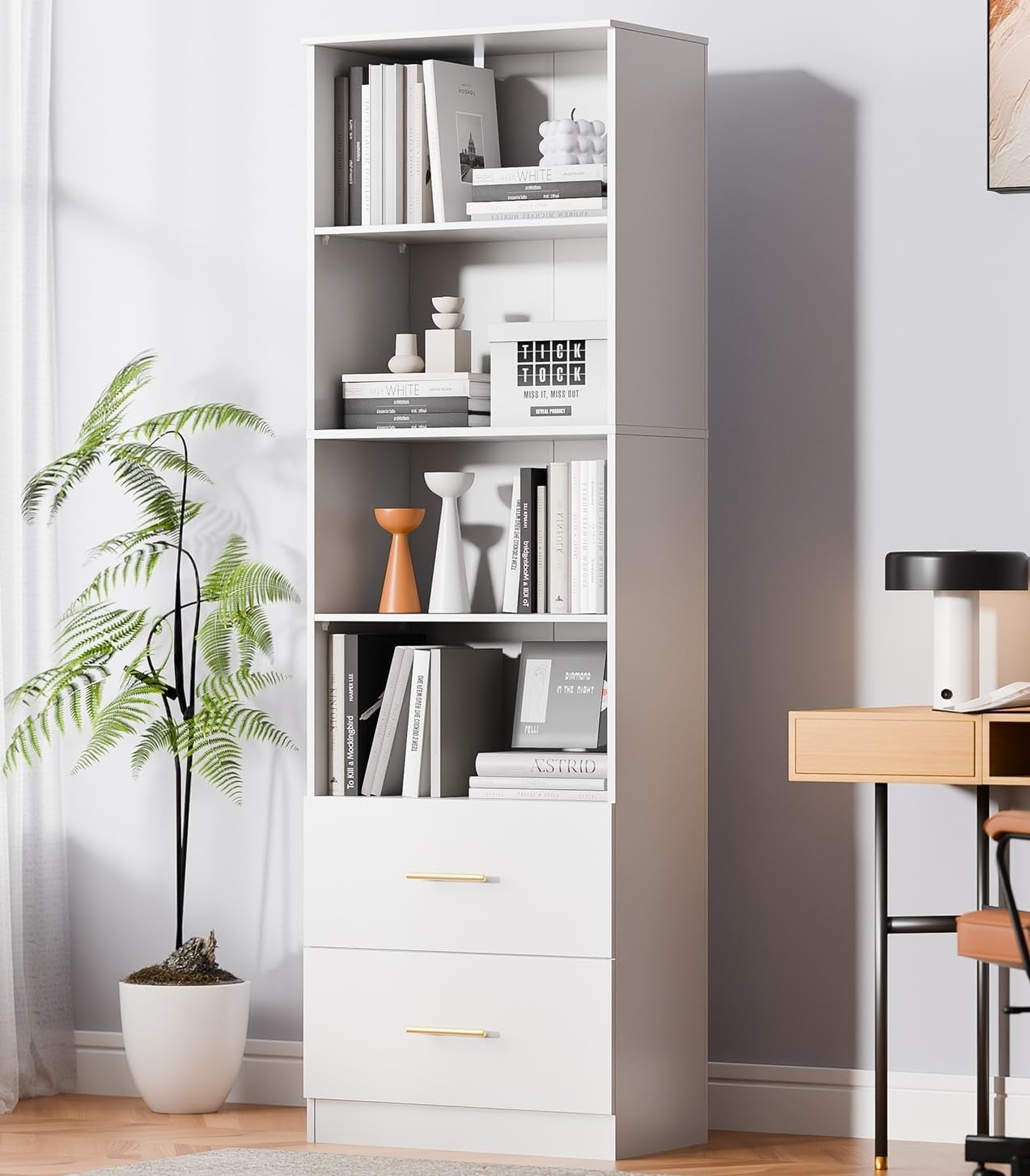 Cozy Castle 74.1'' Bookshelf,Tall Bookcase with Drawers, 4-Tier Open ...