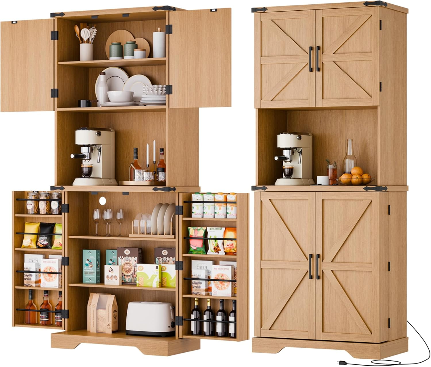 Cozy Castle 74" Farmhouse Pantry Cabinet with Charging Station, Tall ...