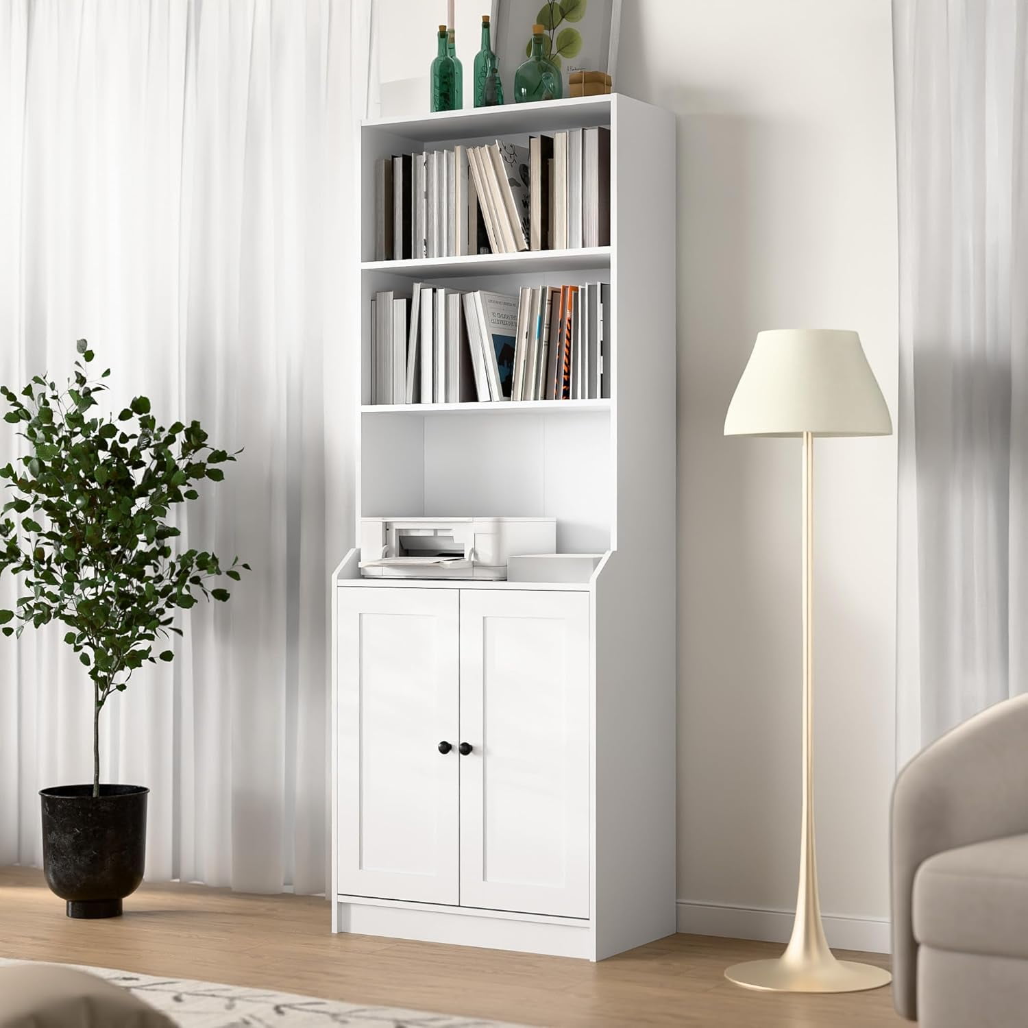 Cozy Castle 75 Inch Tall Bookcase with Doors, Modern Floor Standing 5 ...