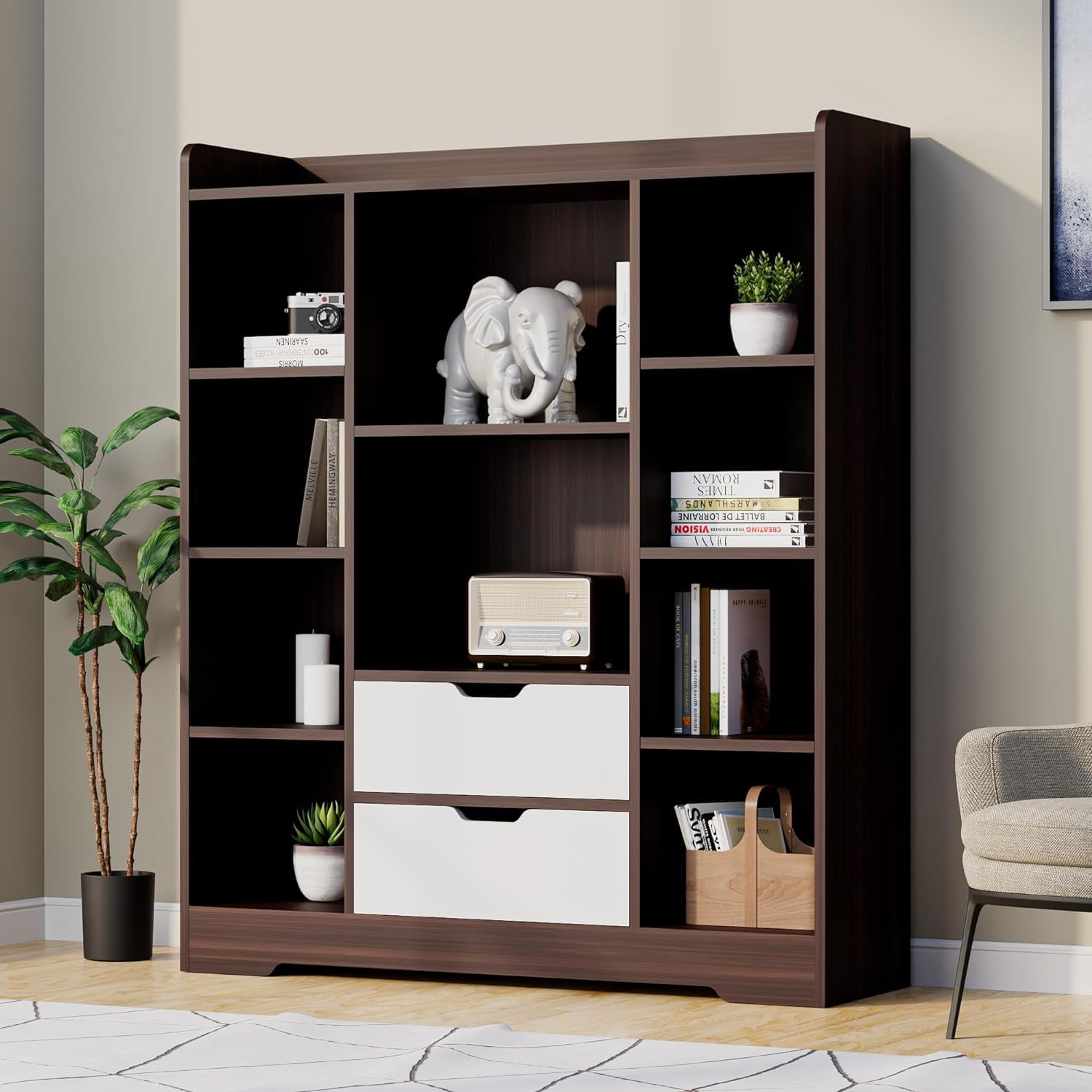 Cozy Castle Black Bookshelf, 4-Tier Open Shelf Bookcase with 2 Drawers ...