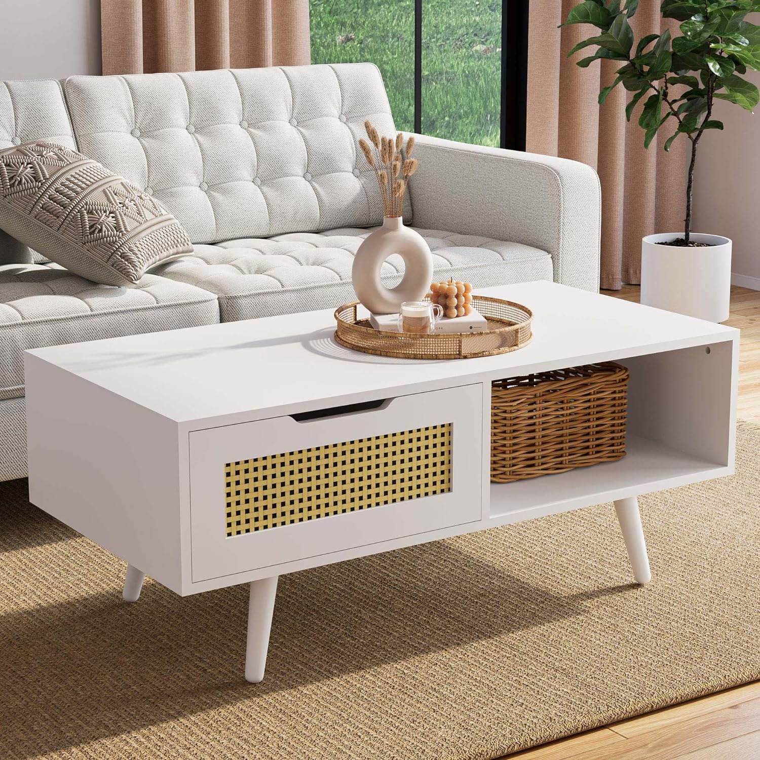 Cozy Castle Boho Coffee Table with Storage, 39'' Rattan Living Room ...