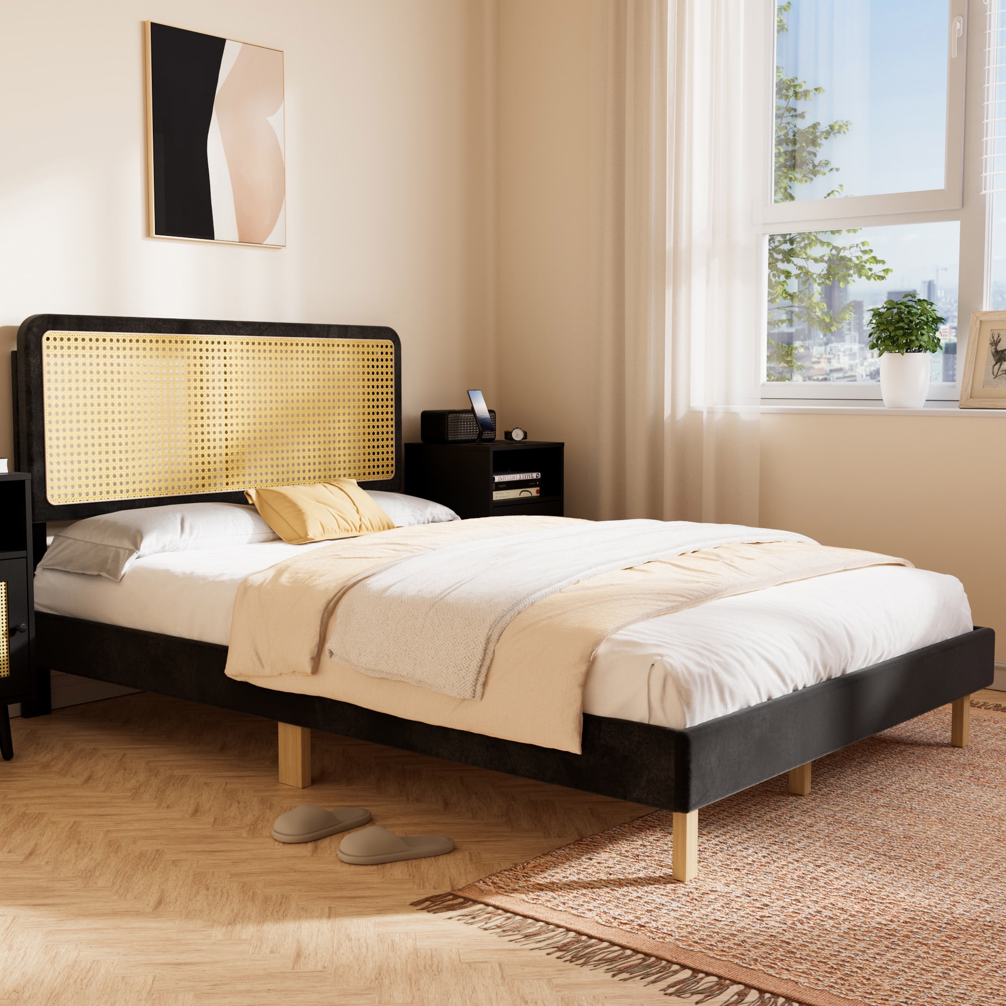 Cozy Castle Full Size Bed Frame with Adjustable Rattan Headboard, Boho ...