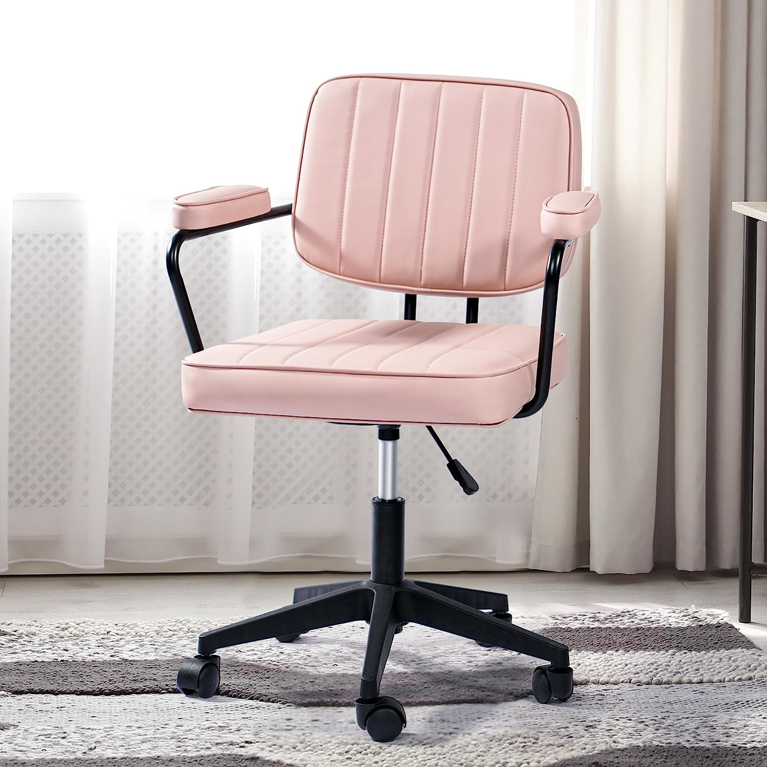 Yaheetech Modern Vanity Chair Swivel Rolling Chair with Armrests, Pink ...