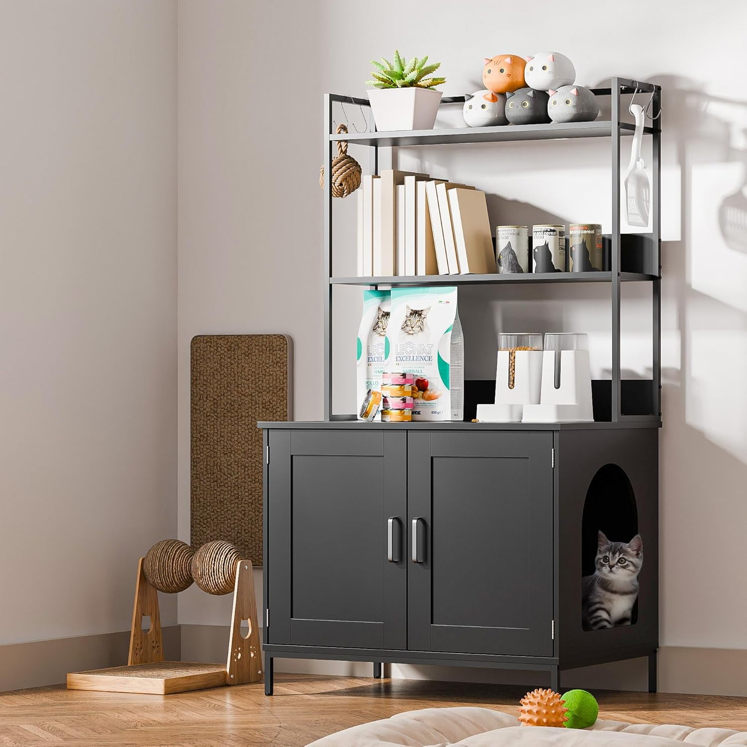 Cozy Castle Litter Box Enclosure, Cat Litter Box Furniture with Large ...