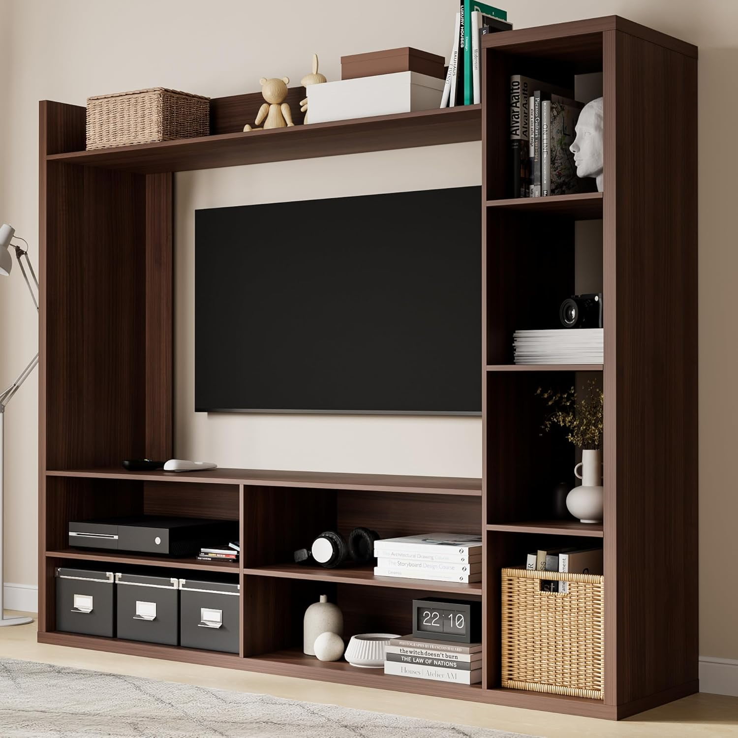 Cozy Castle Modern Brown Wall Unit TV Stand with Bookshelves for 55 ...