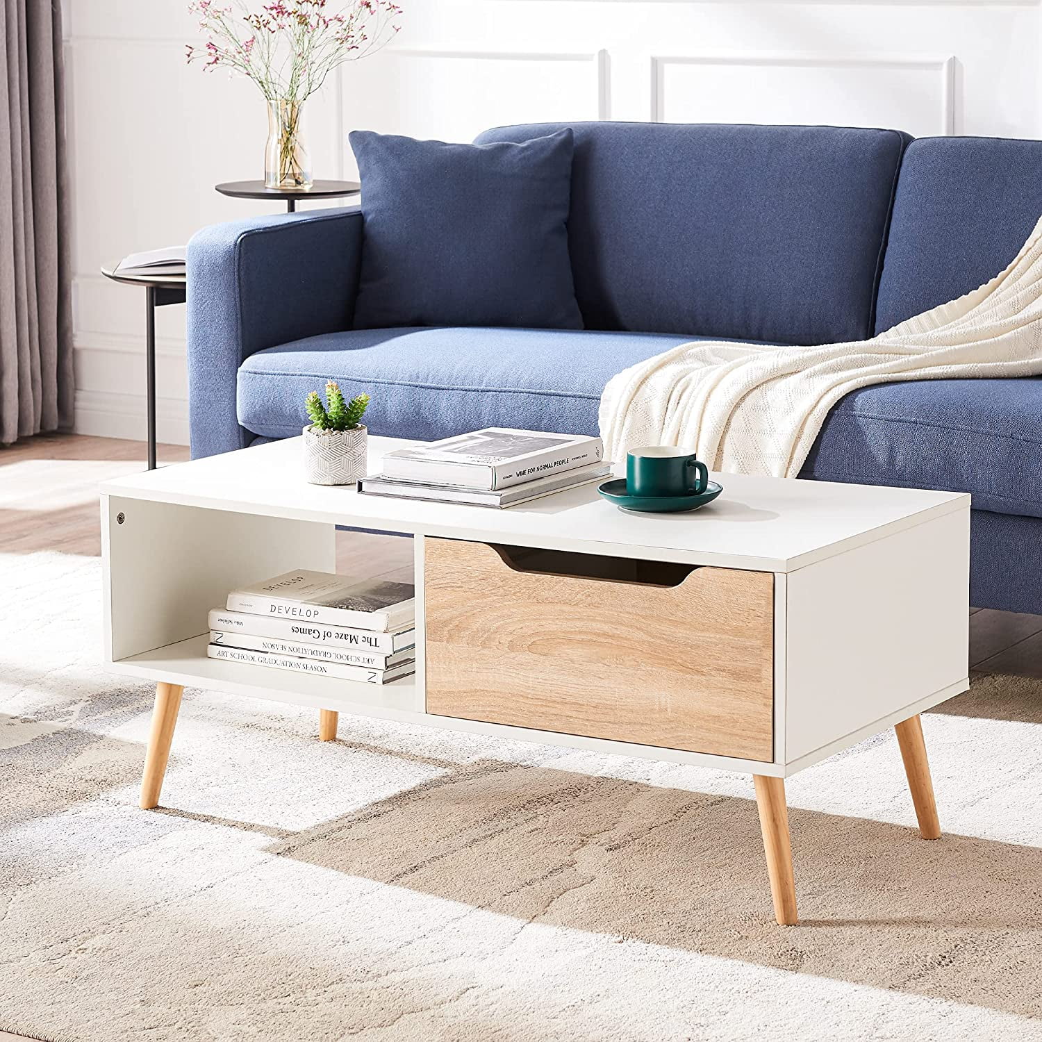 Cozy Castle Modern Coffee Table with Open Storage Shelf and Drawer, Mid ...