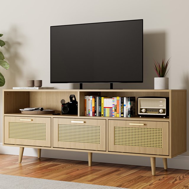 "Cozy Castle Boho Rattan TV Stand, 61"" Oak, Storage for 65/70 Inch TV ...