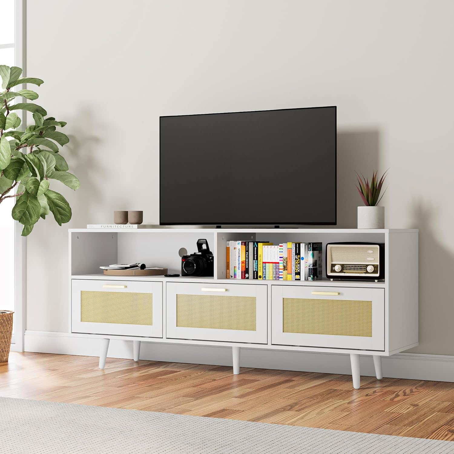 Boho Wooden Rattan Sideboard TV Stand 4 Doors Storage Cabinet Credenzas ...