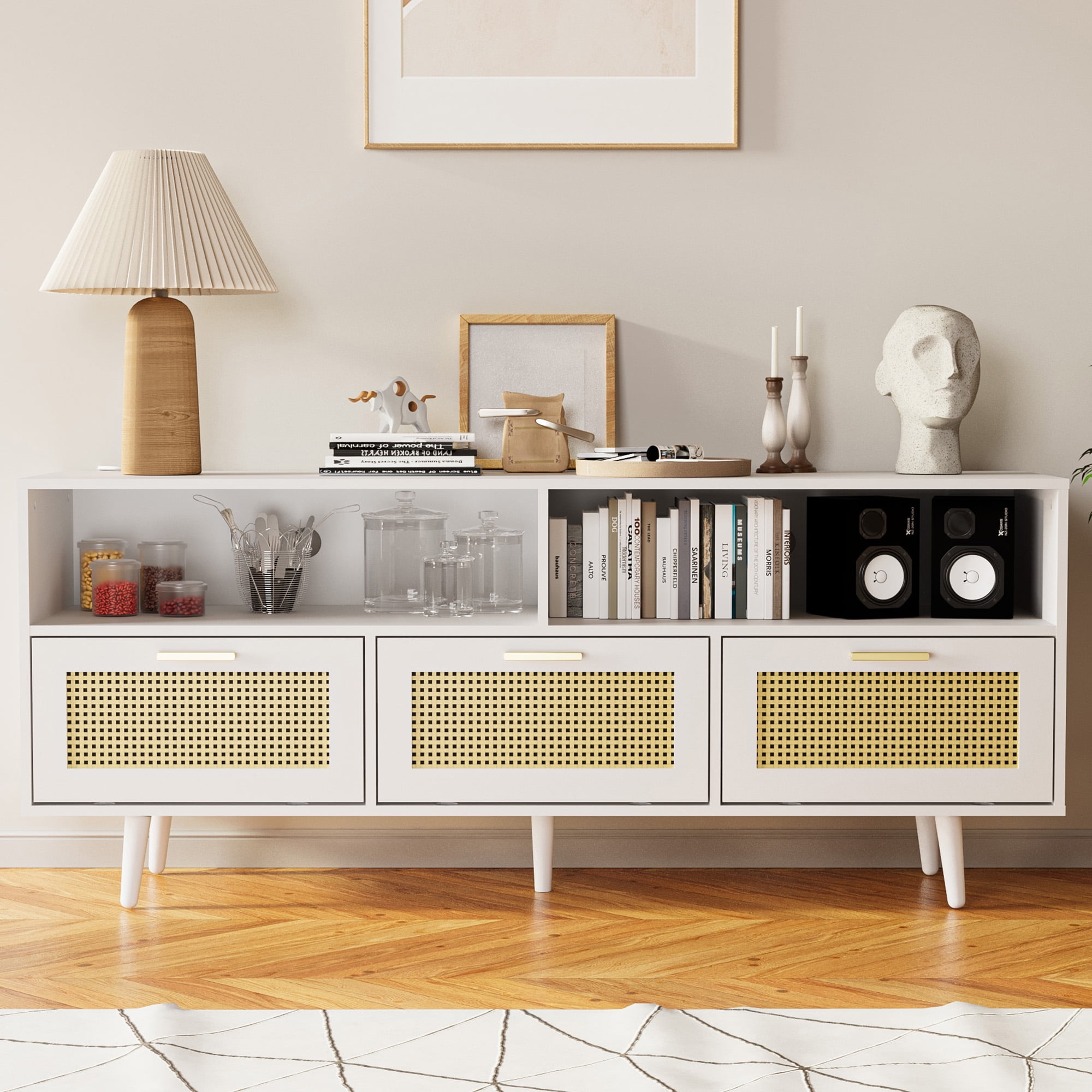 Cozy Castle Boho Rattan TV Stand, Large Storage, for 65/70 Inch TV, 61 ...