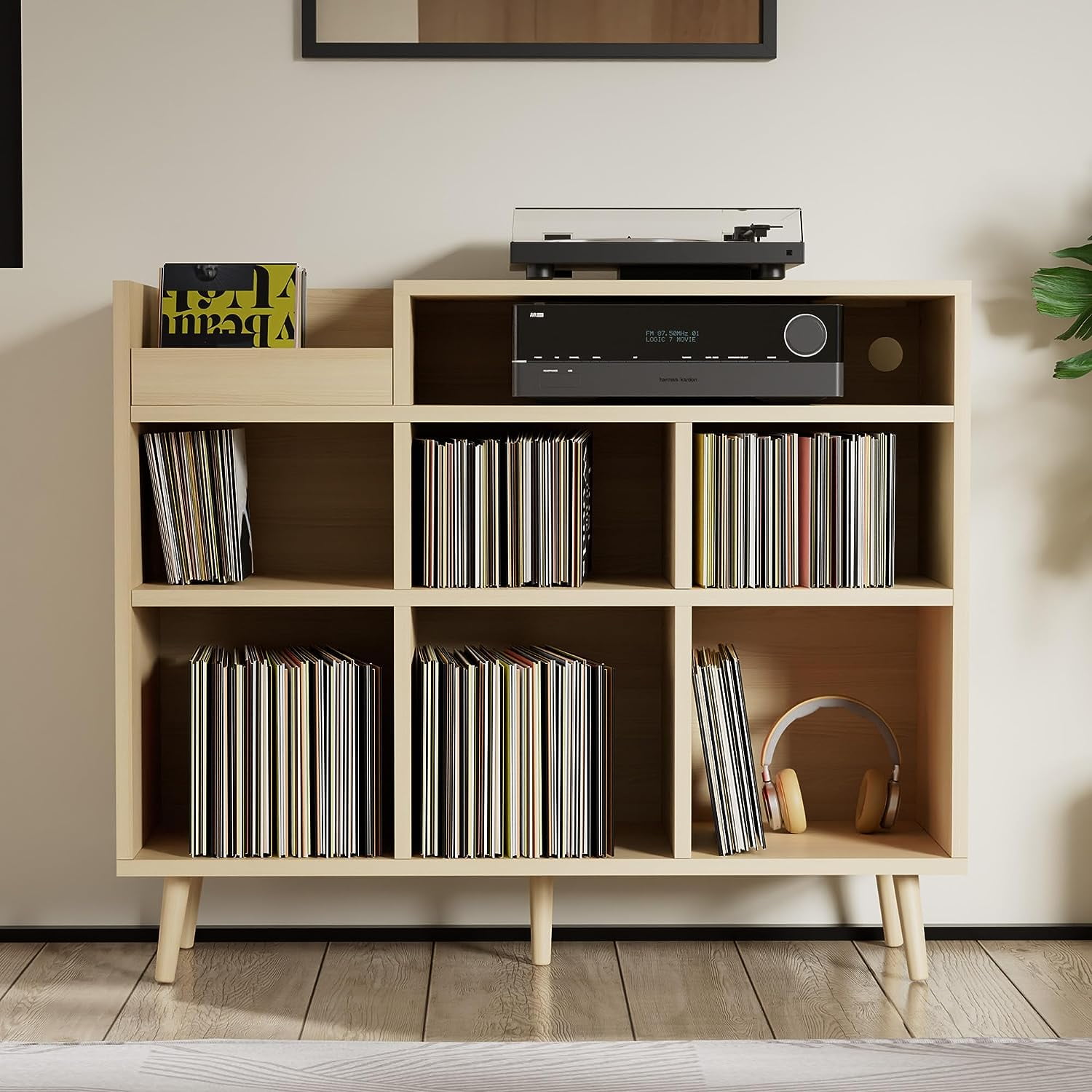 Cozy Castle Oak Turntable Stand, Vinyl Storage for 500 Albums, Power ...