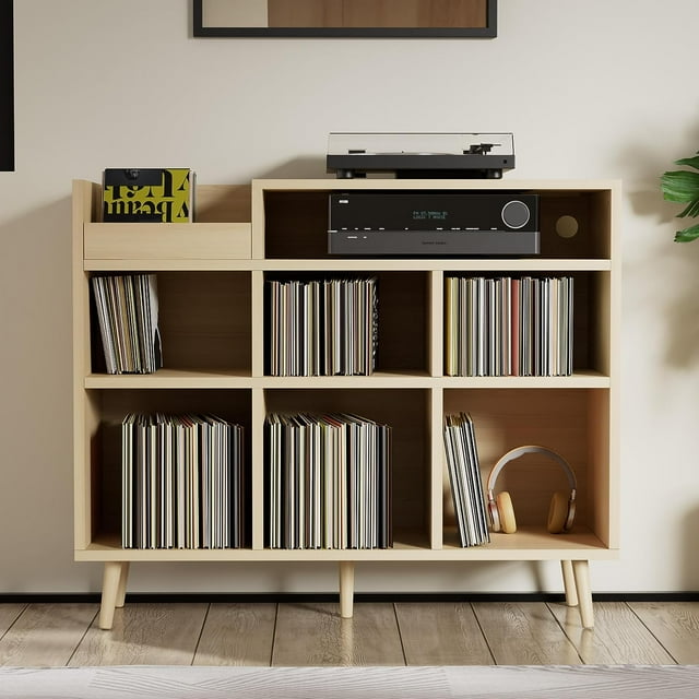 Cozy Castle Oak Turntable Stand, Vinyl Storage for 500 Albums, Power ...