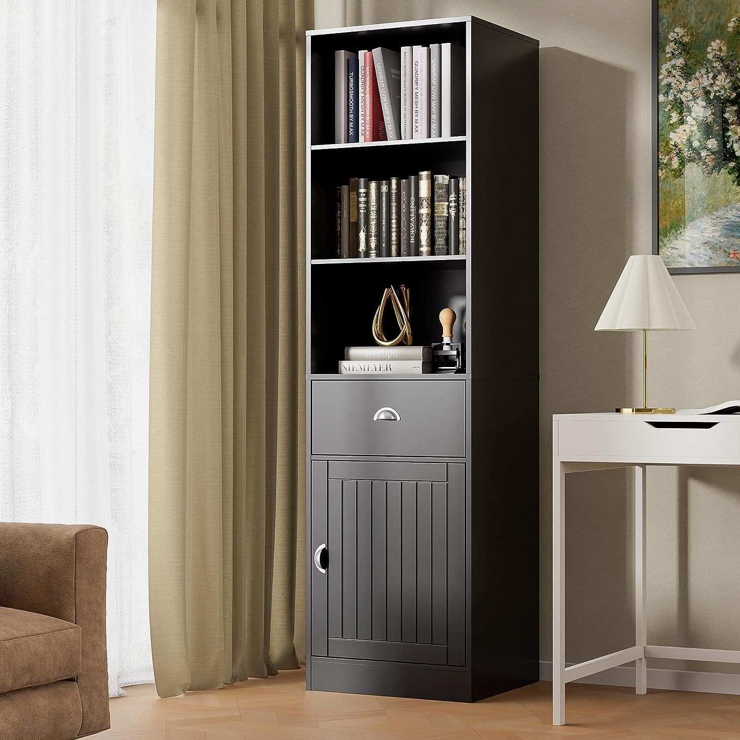 Cozy Castle Tall Bookshelf with Storage, Black Bookcase with Door and ...