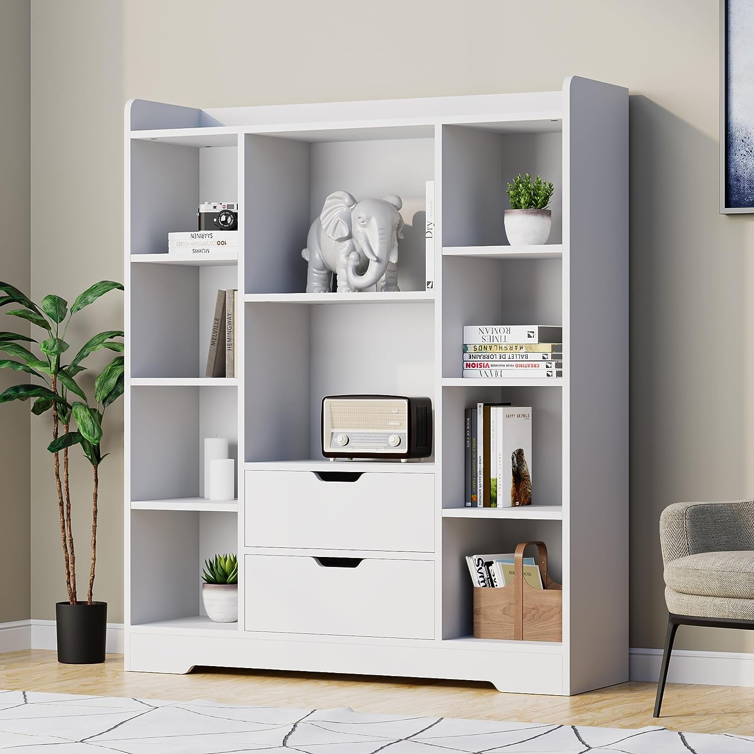 Cozy Castle White Bookshelf, 4-Tier Open Shelf Bookcase with 2 Drawers ...