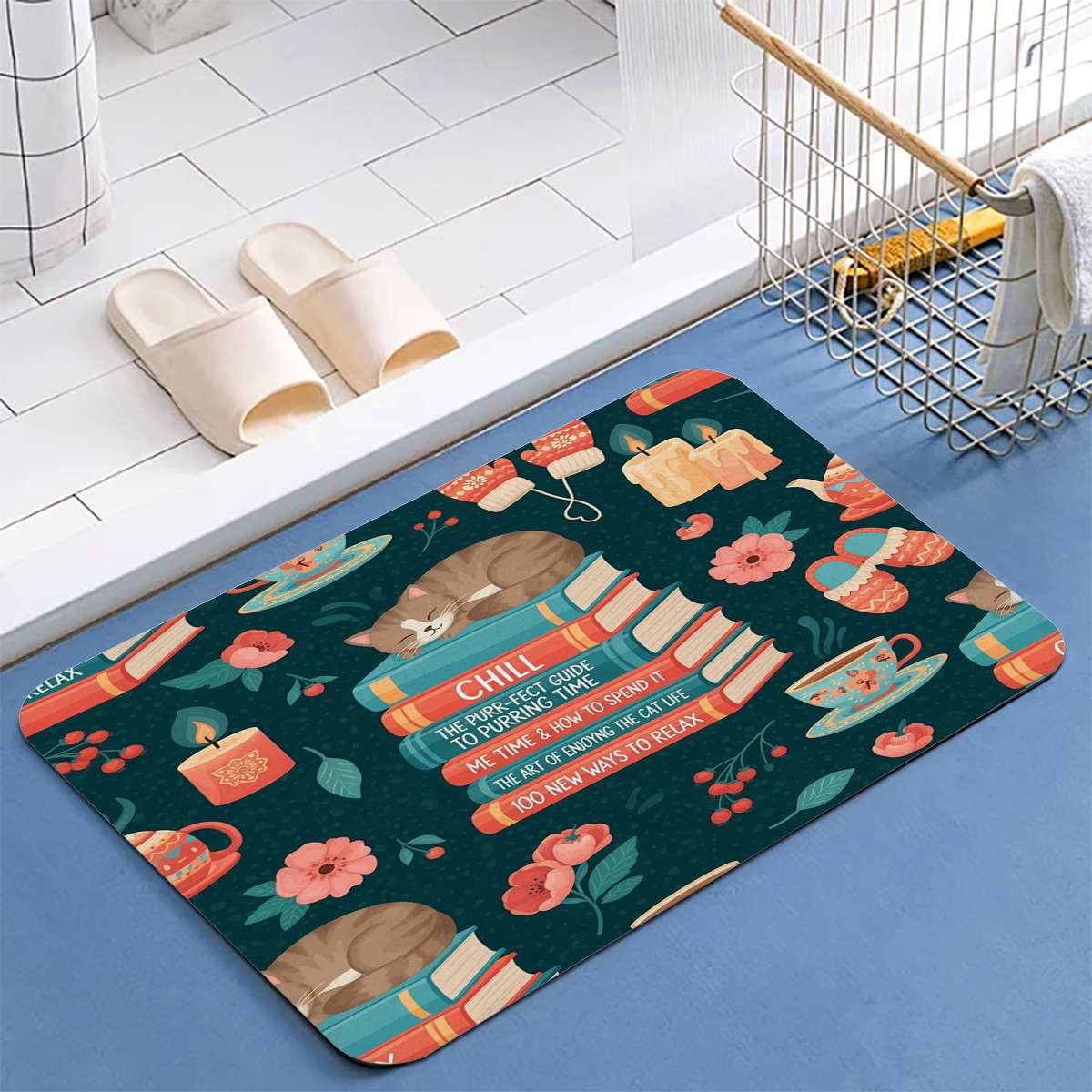Cozy Cat Book Tea Diatomite Bath Mats Bathroom Absorbent Anti Slip ...