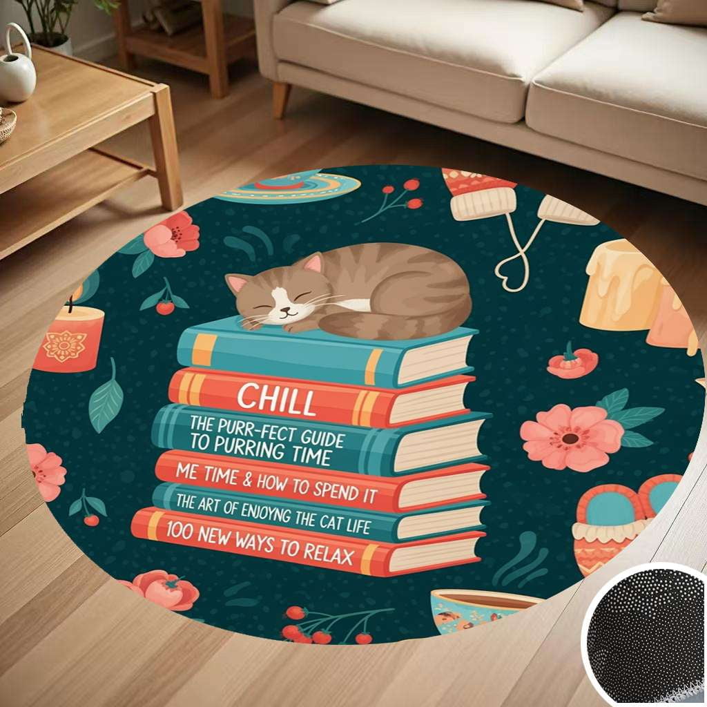 Cozy Cat Book Tea Round Carpet Living Room Bedroom Home Decoration ...