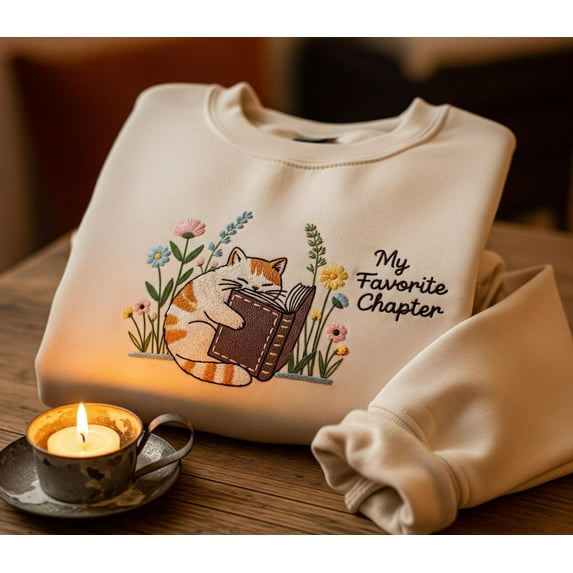 Cozy Cat Embroidery Sweatshirt – Book Lover Reading Pullover with ...