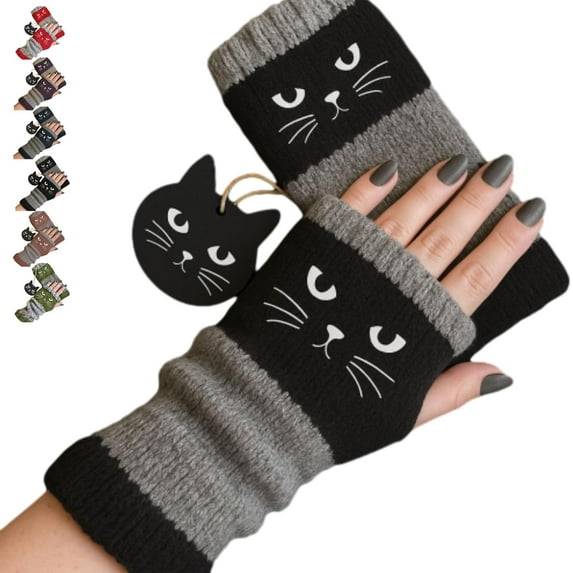 Cozy Cat Gloves, Cute Cat-Embroidered Patchwork Knit Fingerless Cat ...