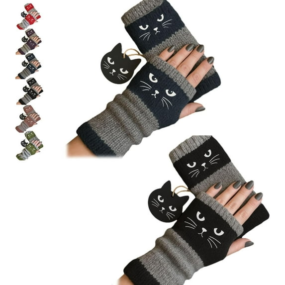 Cozy Cat Gloves, Cute Cat-Embroidered Patchwork Knit Fingerless Cat ...