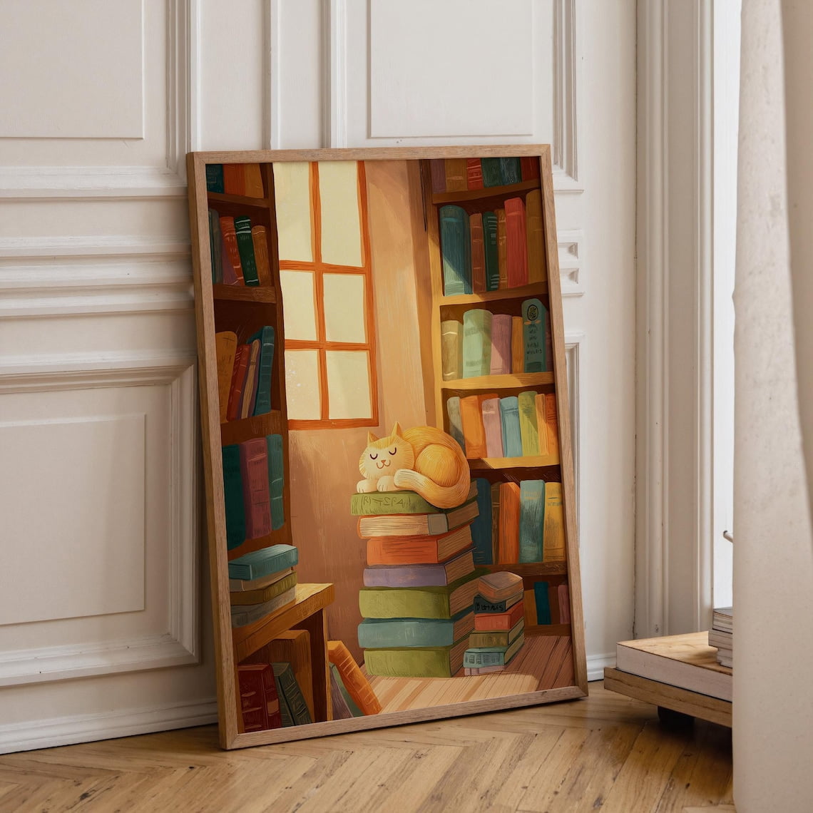 Cozy Cat Library Sleeping Cat Book Stack Cute Reading Room Book Lover ...
