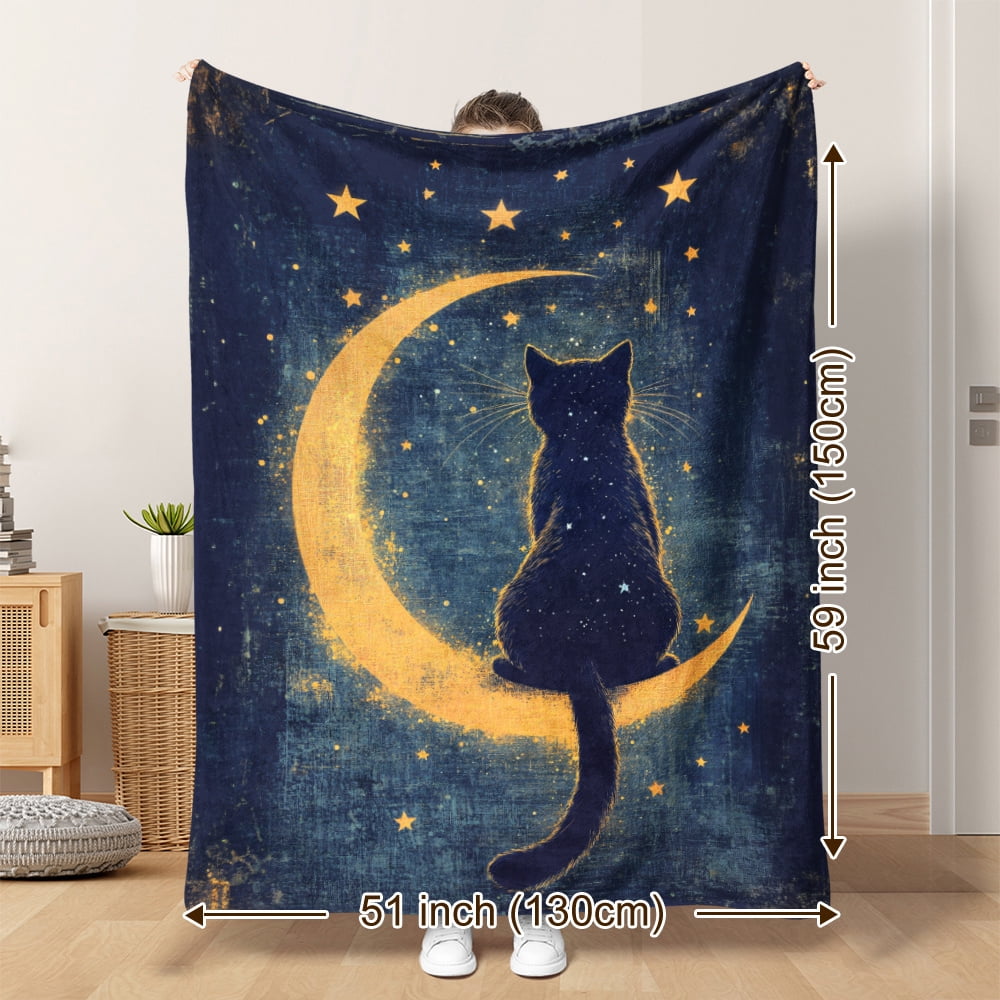Cozy Cat & Moon Watercolor Flannel Blanket - Dark Blue & Gold Night Sky ...