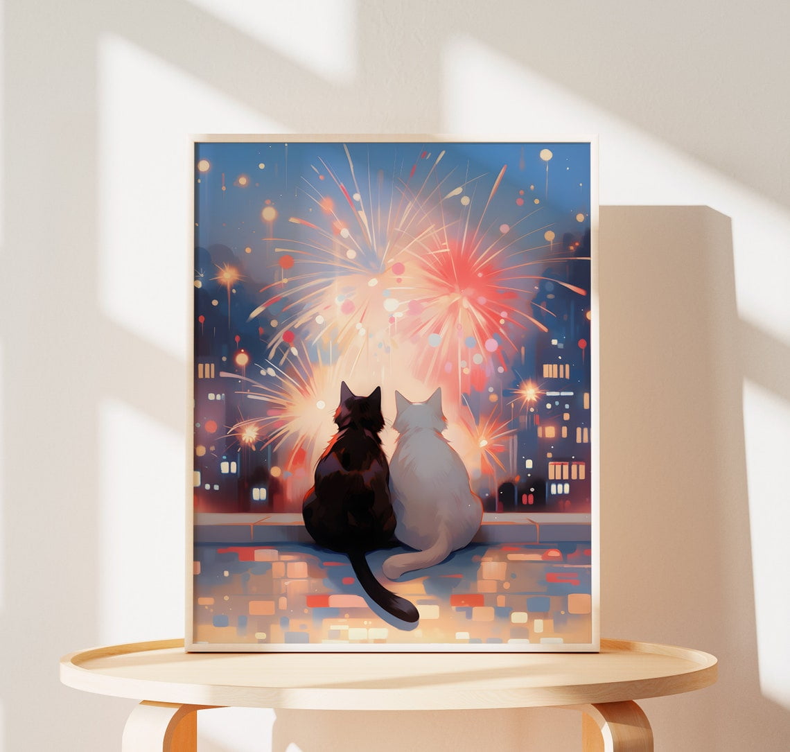 Cozy Cat Poster Of Fireworks Cat Couple Print Of Valentines Gifts Of ...