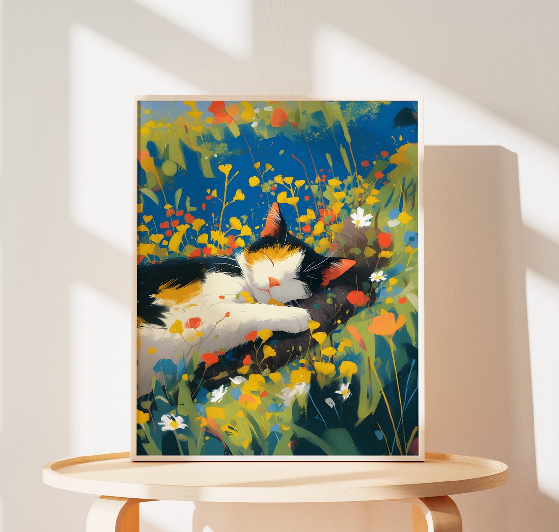 Cozy Cat Poster Of Wildflower Field Landscape Painting Of Sleeping Cats ...