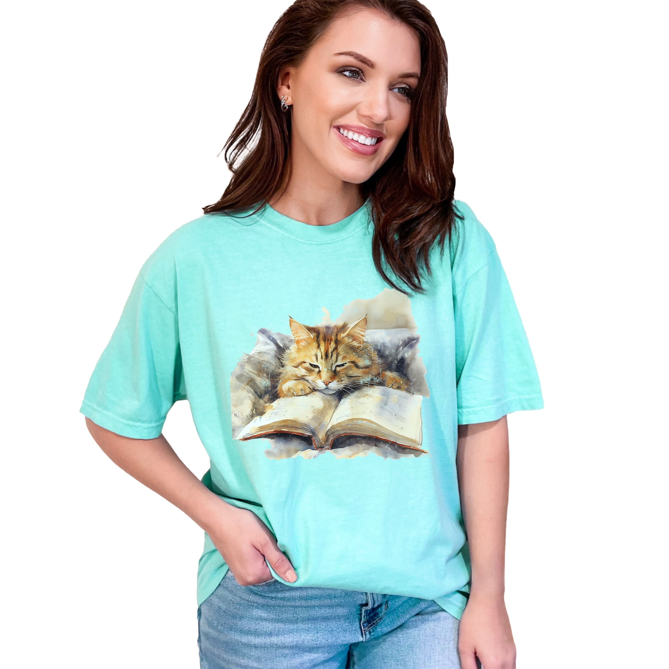 Cozy Cat Reading Book T-Shirt, Adorable Cat Lover Tee, Cute Kitty Relaxing with Book, Bookworm ...