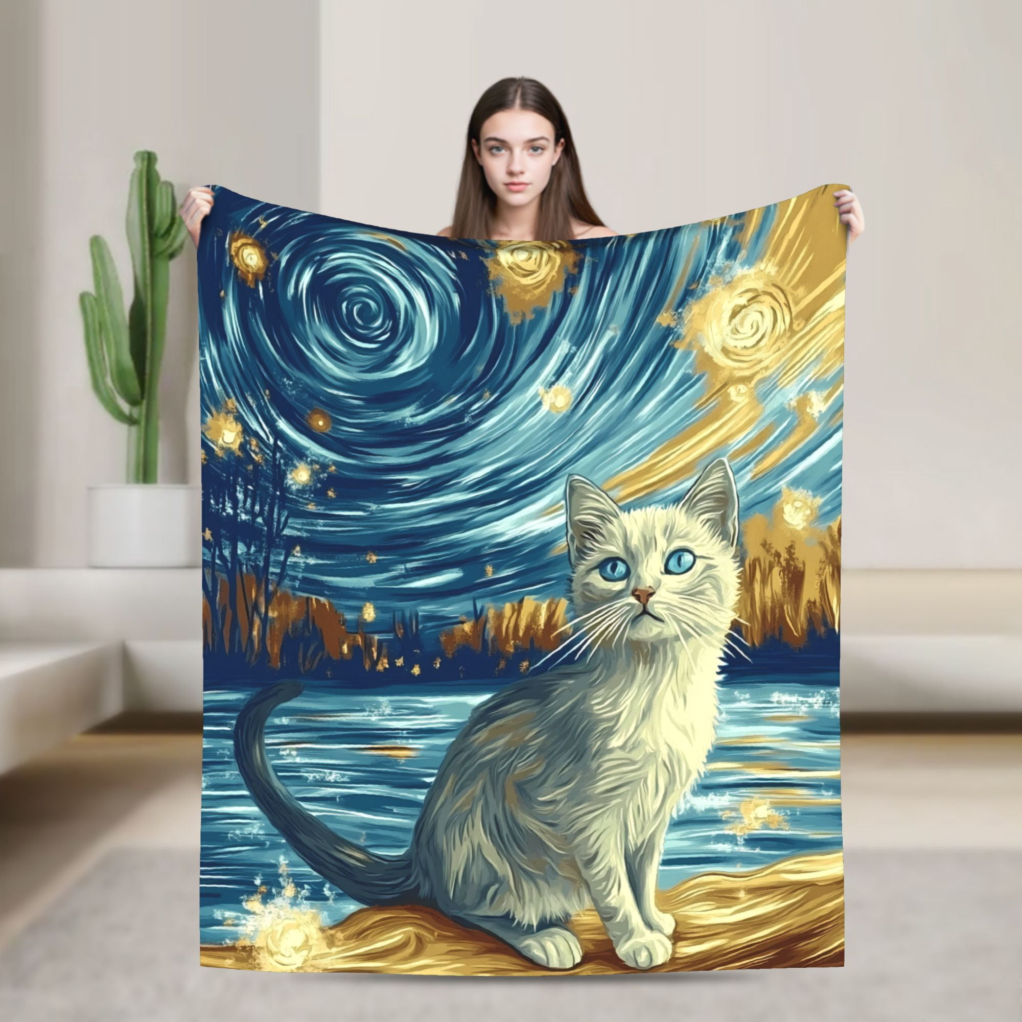 Cozy Cat Starry Night Flannel Blanket - Soft Warm Light Beige, Machine ...