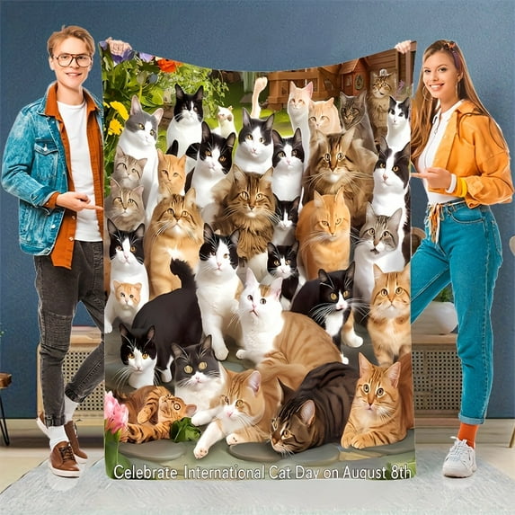 Cozy Cat-Themed Flannel Blanket with 30+ Cat Breeds Print, Soft Warm ...