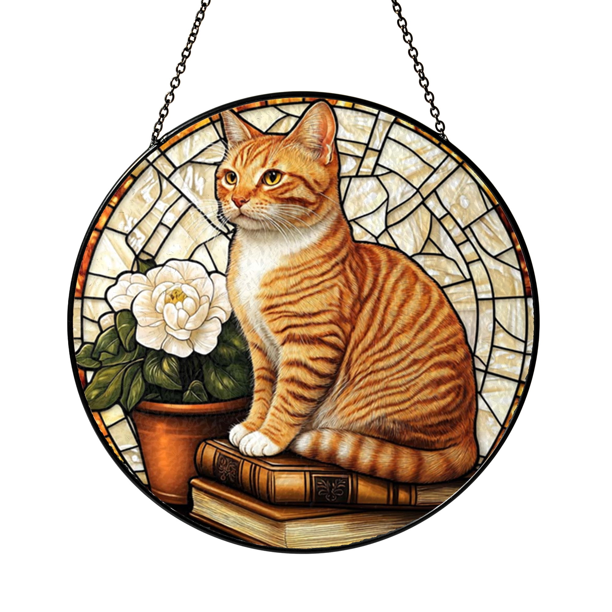 Cozy Cat with Plants Stained Glass Style Suncatcher, Decorative Window ...
