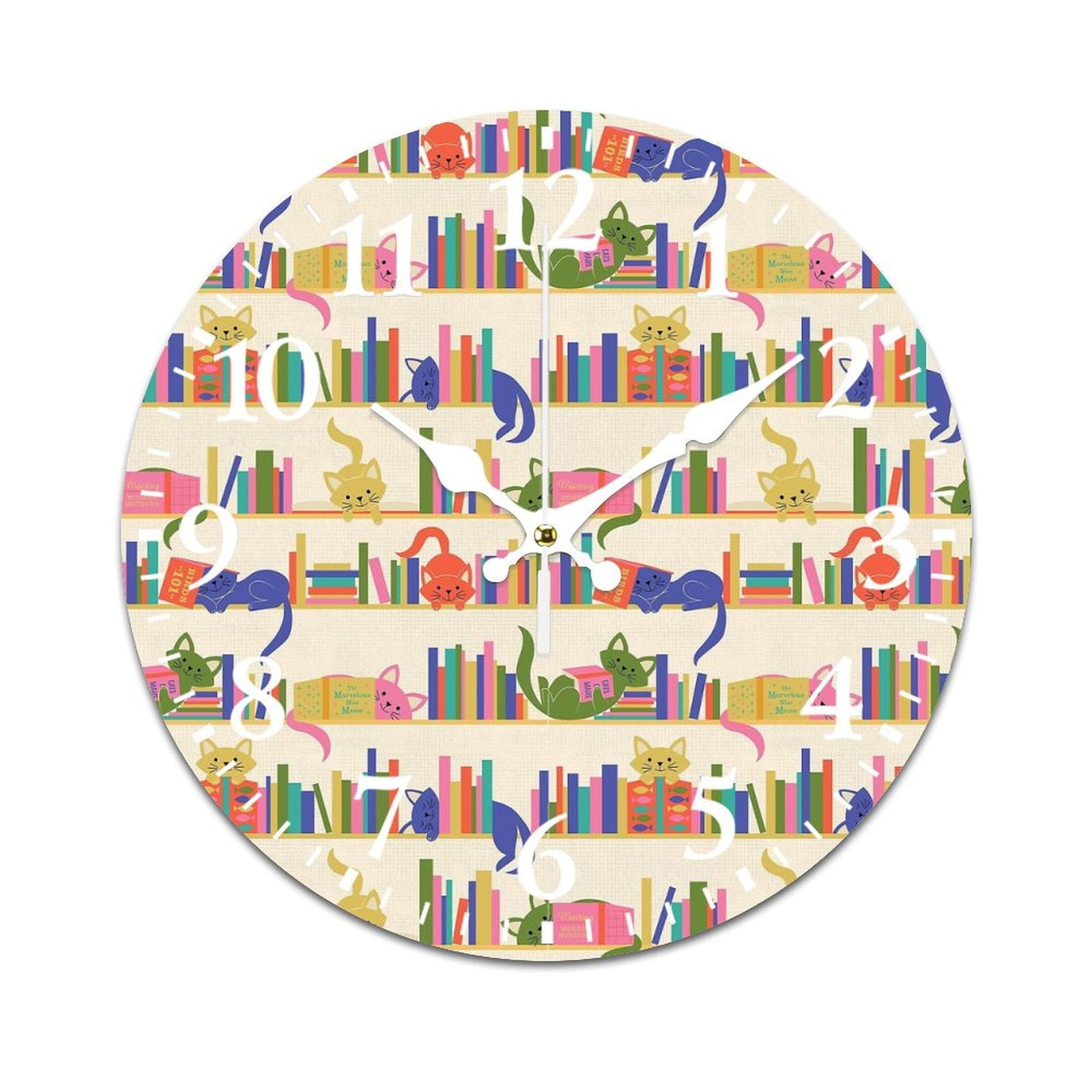 Cozy Cats And Books in Bright, Vintage Colors Wall Clock Modern Design ...