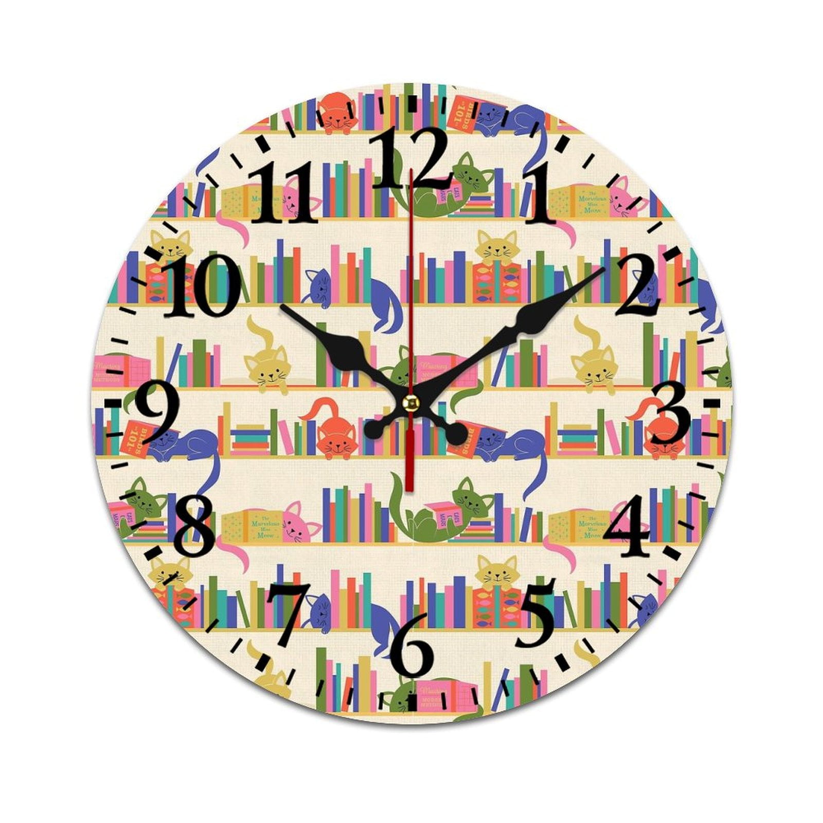 Cozy Cats And Books in Bright, Vintage Colors Wall Clock Modern Design ...