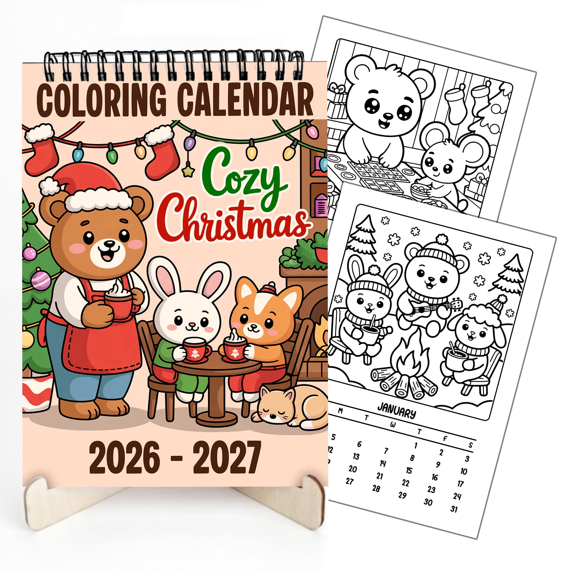 Cozy Christmas Coloring Desk Calendar 2026–2027, A5 Wooden Cover ...