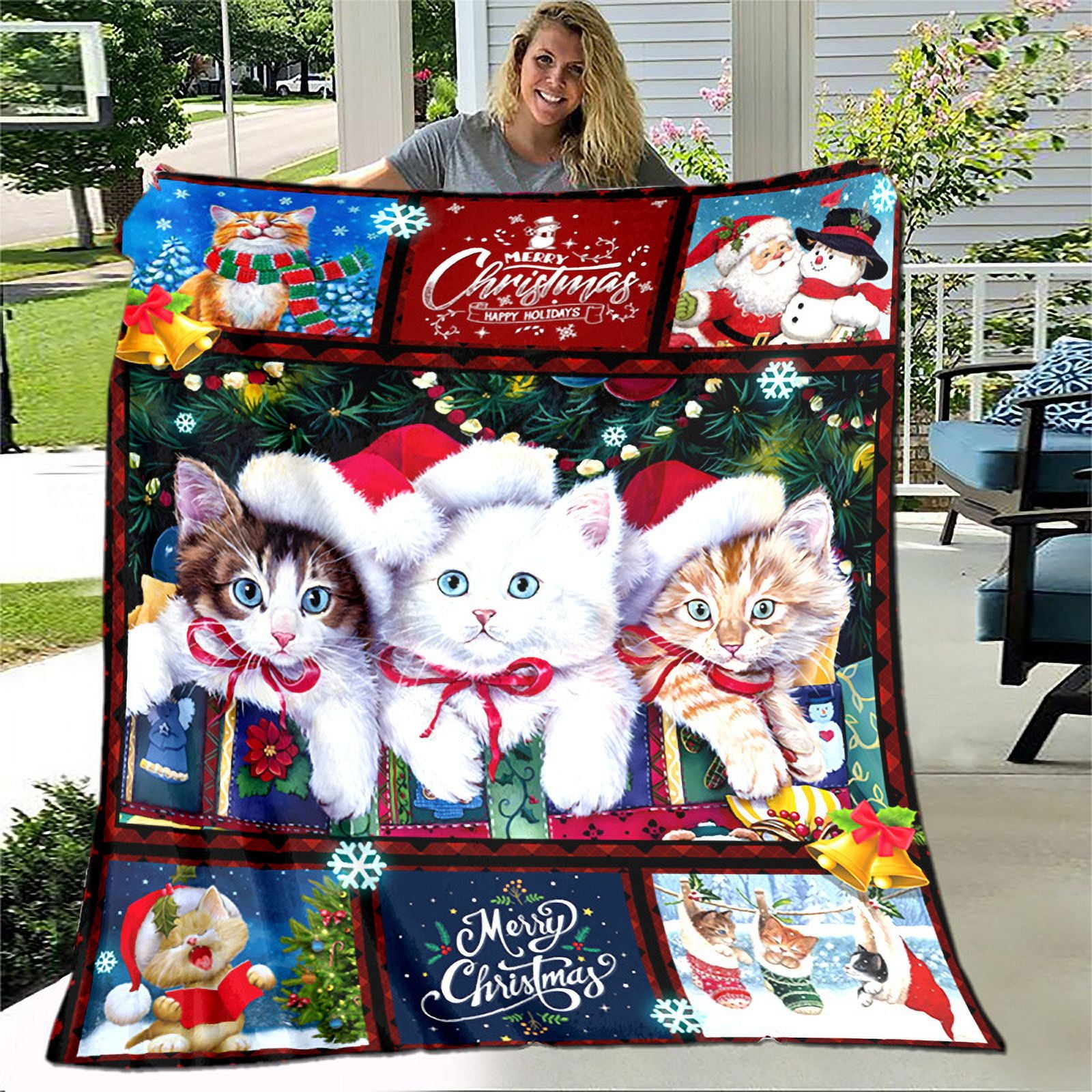 Cozy Christmas Cute Cat Santa Claus Blanket, Lightweight Flannel Throw ...