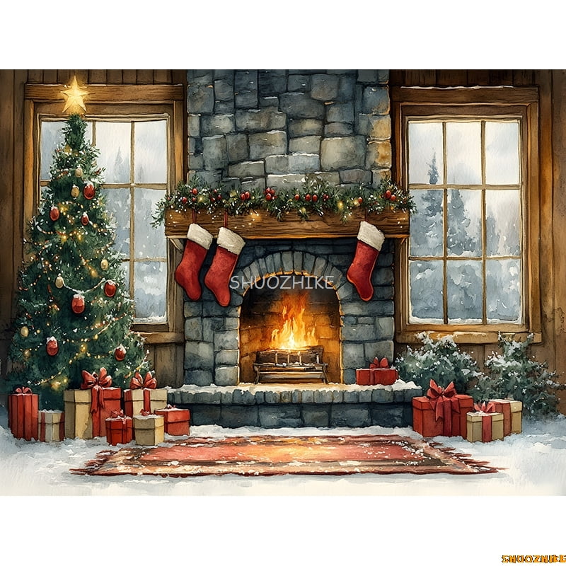 Cozy Christmas Day Sce Fireplace Photography Backdrop Props Winter ...